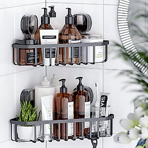 KATIKADDY Suction Cup Shower Corner Caddy 2-Pack, No-Drilling Removable Storage Rack, Large&Small Shower Organizer Shelf, Heavy-Duty Rustproof Accessories Storage Rack, for Apartment Bathroom Dorm RV