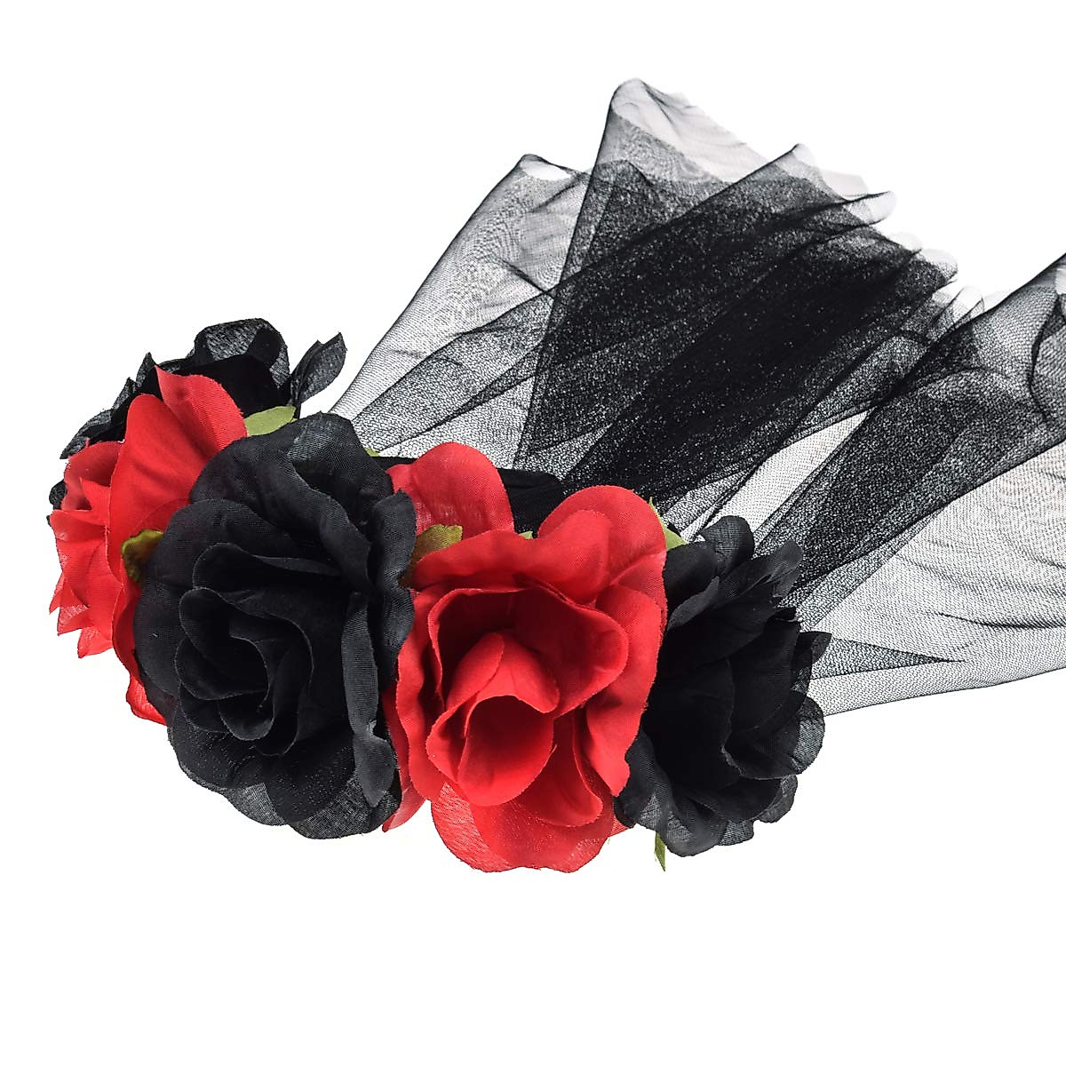 Funsveta Halloween Rose Flower Headband Day of The Dead Flower Headpiece with Black Veil Costume Cosplay (Black and Red)