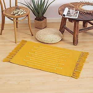Wolala Home Bohemian Geometric Mustard Rug Hand Woven Cotton Rugs Entry Way Rug Rag Rug with Tassels and Non-Slip Mats Modern Floor Mat for Door Porch Kitchen 2x3 Feet,Machine Washable Yellow