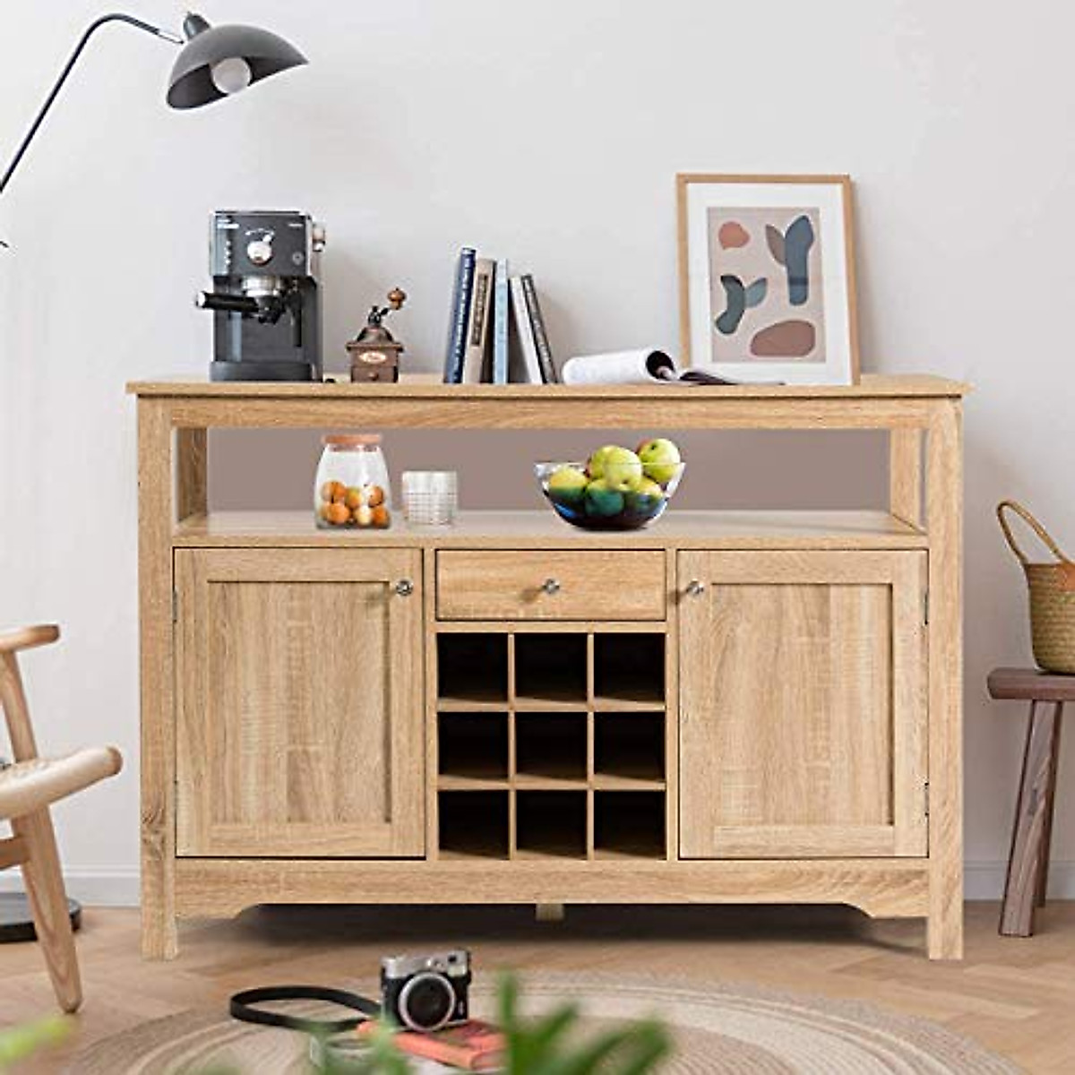 ReunionG Buffet Sideboard, Wine Console Table, Wooden Kitchen Organizer w/2 Cabinets, 1 Drawer and 9 Wine Cabinets, Farmhouse Storage Cupboard, Wine Rack, Server Table, Dining Room Furniture (Natural)