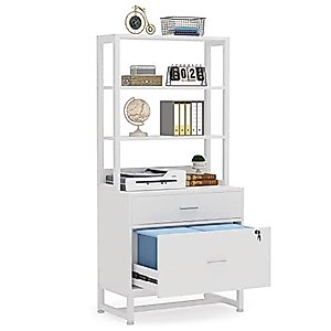Tribesigns 2 Drawer Vertical File Cabinet with Lock & Bookshelf, Letter Size Large Modern Filing Cabinet Printer Stand with Open Storage Shelves for Home Office, White
