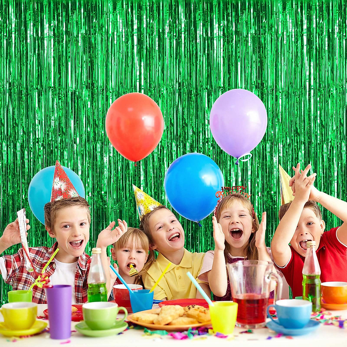 Green Fringe Curtains Backdrops 2 Pack, Foil Fringe Curtains Door Streamers for Birthday Wedding Bridal Shower Holiday Graduation Party Decorations