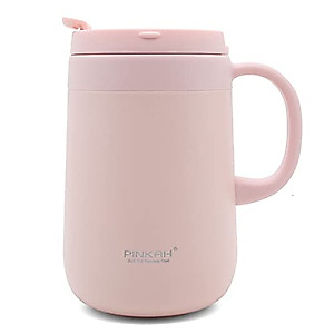 PINKAH Stainless Steel Coffee Mug with Lid and Handle, Double Wall Vacuum Insulated Cup, 16oz, Pink