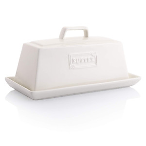 AVLA 2 Pack Porcelain Butter Dish with Lids, 7.6" Rectangle Ceramic Butter Keeper for Countertop, Covered Butter Tray Holder For Butter Storage, Holds 1 Stick, White