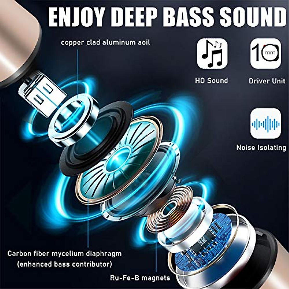 EXMAX S3 3.5mm Wired Earbuds In Ear Headphones With Microphone Powerful Deep Bass HiFi Stereo Crystal Clear Sound Metal Housing Noise Isolating Magnetic Ergonomic Comfort-Fit Gaming Earphones - Golden
