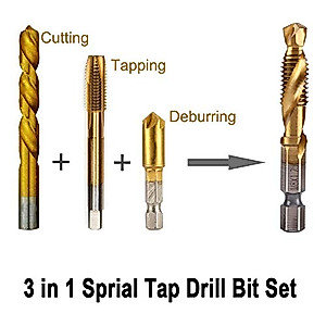 6PCS Titanium Combination Drill and Tap Bits Set, 1/4" Hex Shank HSS SAE Screw Tapping Bit with Center Punch Tool for Drilling, Tapping and Countersinking (Metric M3-M10)