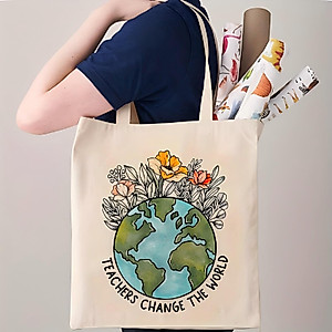 Earth and Flowers Canvas Tote Bag - Teacher Gifts for Women, Cute and Durable Shoulder Bag for Daily Use, Ideal for Beach Trips, Grocery Shopping, and Teacher Appreciation Gifts
