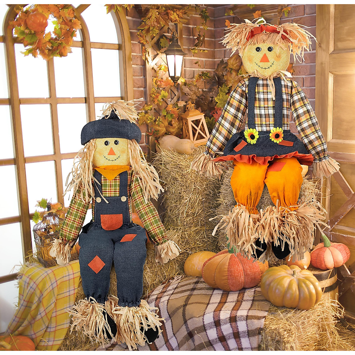 Large Thanksgiving Sitting Scarecrow Decor, Set of 2 50" Boy Girl Sitting Couple Scarecrows Deluxe Holiday Indoor Outdoor Fall Decoration for Autumn Harvest Home Porch Yard Garden Fireplace Mantle