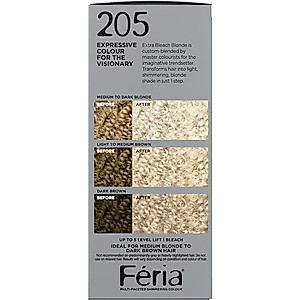 L'Oreal Paris Feria Multi-Faceted Shimmering Permanent Hair Color, 205 Bleach Blonding (Extra Bleach Blonde), Pack of 1, Hair Dye