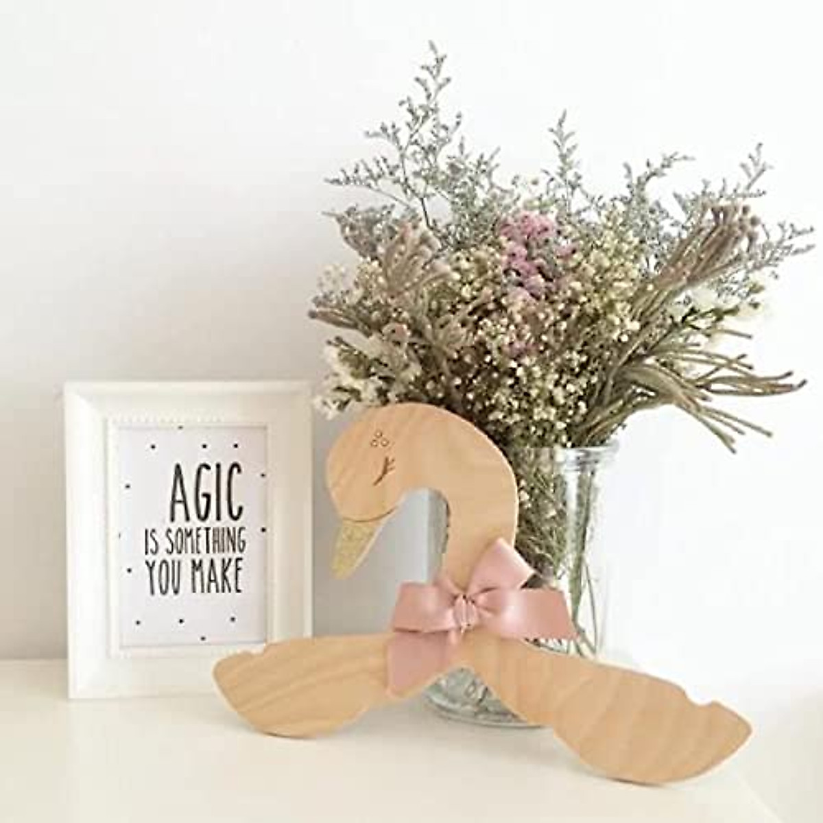 Baby Hangers for Nursery, 2 Pack Wooden Swan Shape Baby Hangers with Ribbon Bowknot - Lovely Child Hangers for Infant Toddler Princess Dress Skirt Pants, 9.8 Inches for Space Saving Baby Room Decor