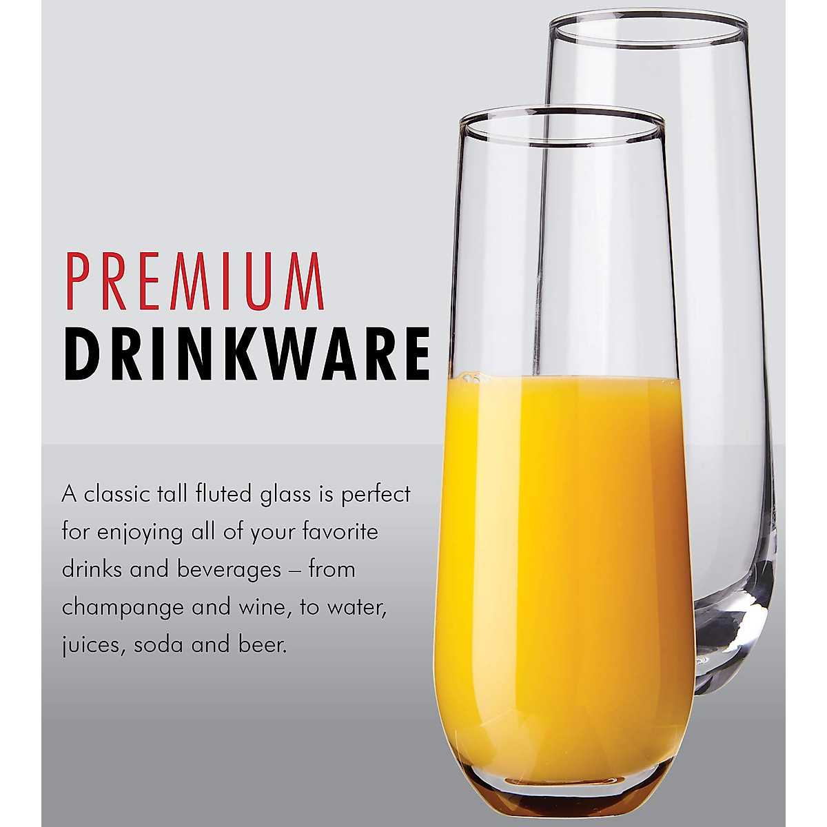 Kitchen Lux 10oz Stemless Champagne Flutes- Set of 12 Champagne Glasses – Elegant Highball Tumblers - Premium Clear Glass, Wine, Shots, Cocktails, Champagne, Mimosa for Parties – Dishwasher Safe