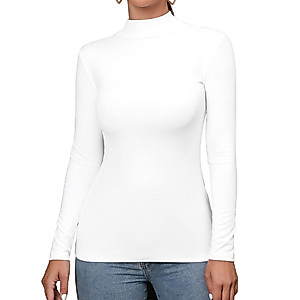 FOUGEDE Women's Mock Turtleneck Long Sleeve/Sleeveless/Half Sleeve/Short Sleeve/Crop Top Basic Fitted Stretch Slim Tops White