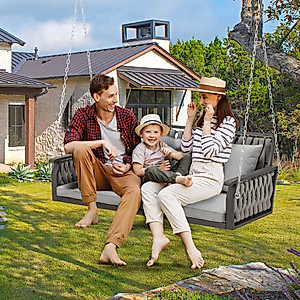 RYNSTO 3-Seat Woven Rope Hanging Porch Swing Outdoor, Metal Iron Patio Bench Swing with Cushions, Hanging Chains 850 LBS Weight Capacity for Deck, Back Yard, Lawn (4.5FT, Grey)