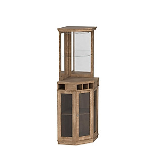 EROMMY Corner Bar, Home Liquor Storage Unit in High Density Board Finish with Built-in Wine Rack and Lower Cabinet, Hanging Stemware Rack, Burlywood