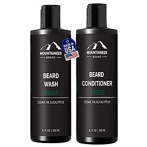 Mountaineer Brand Beard Wash and Conditioner for Men | Beard Shampoo/Beard Conditioner Set | Deep Cleans | Leaves Hair Soft and Hydrated | Timber Scent | 2 Count | 8oz