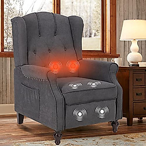 IPKIG Recliner Chair, Wingback Design Living Room Accent Chair with 6 Points Vibration Massage and Heat, Upholstered Button Tufted, Mid Century Modern Reading Chair for Bedroom, Study Room (Dark Grey)