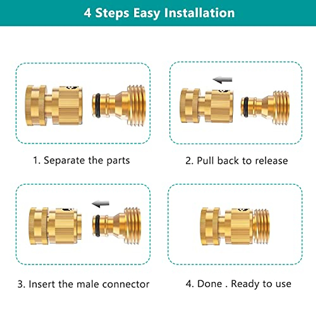 FINEST+ Garden Hose Quick Connector, Solid Brass 3/4 Inch Thread Fitting No-Leak Water Hose Female and Male Easy Connect (6 Sets)