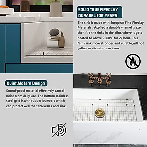 LYNNADO Farmhouse Sink 33 inch Fireclay Farm Kicthen Sink Apron Sink Large &Deep Single Bowl Undermount Sink with Bottom Grid in & Drain, White Color