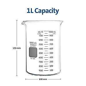 PYREX Griffin Borosilicate Glass Beaker - Low Form Graduated Measuring Beaker with Spout – Premium Scientific Glassware for Laboratories, Classrooms or Home Use - PYREX Chemistry Glassware, 1L, 2/Pk