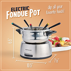 Nostalgia 6-Cup Stainless Steel Electric Fondue Pot Set with Temperature Control, 6 Color-Coded Forks, and Removable Pot - Fondue Pot for Chocolate, Candy Melts, Caramel, Cheese, Sauces, and More