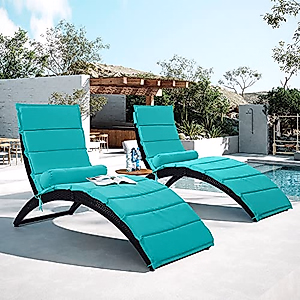 DHHU Foldable Chaise 2-Piece Sofa Set, Patio Wicker Sun Lounger with Removable Bolster Pillow, Green Cushion, Blue