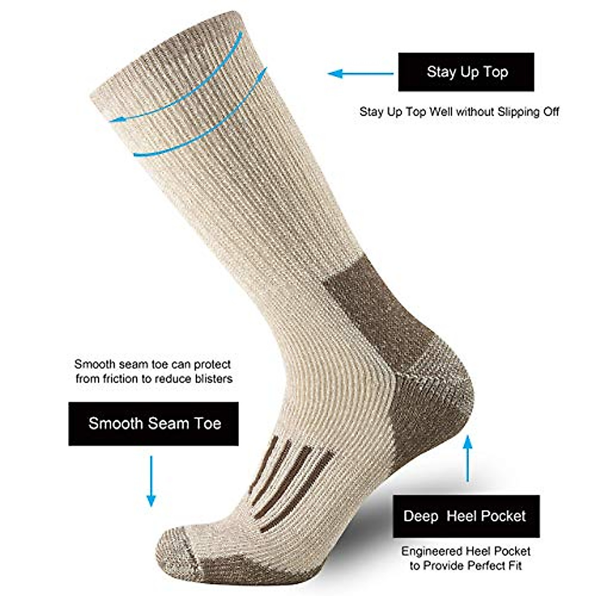 ONKE Merino Wool Cushion Crew Socks for Men Outdoor Hiking All Seasons Work Boot Heavy Thick Thermal Moisture Wicking Control(Brown L)