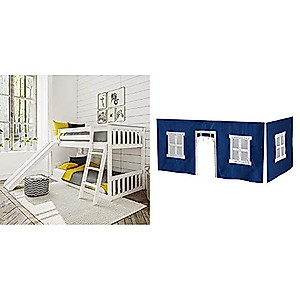 Max & Lily Solid Wood Twin Low Bunk Bed with Slide, White & Cotton Underbed Curtains, Blue & White