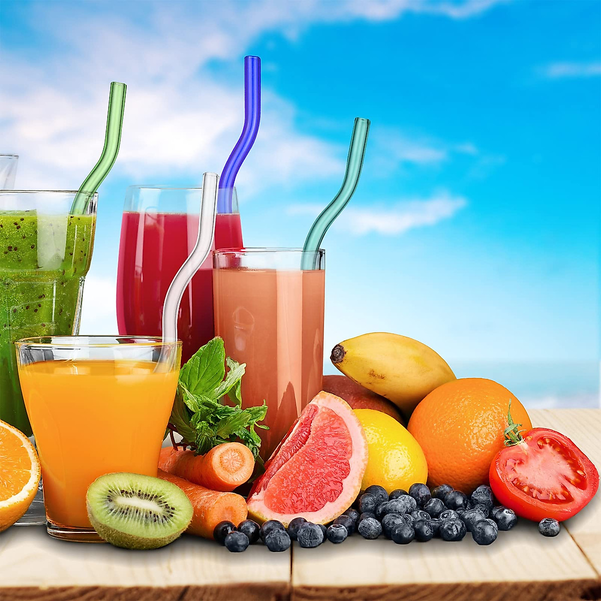 14 Pieces 8 x 200 mm Wavy High Borosilicate Transparent Glass Straws Cute Colored Glass Straws Fun Clear Hard Reusable Straws for Beverages, Coffee, Milk, Tea Straws Kids (Bright Colors)