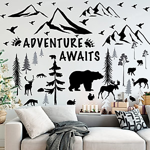 4 Sheets Mountain Wall Decal Rustic Nursery Wall Decals Dreamy Forest with Pine Tree Deer Peel and Stick Inspirational Quote Wall Stickers DIY Wall Decals for Kids' Room (Black,19.69 x 15.75 Inches)
