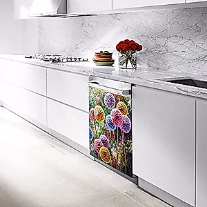 Colourful Dandelion Painting Kitchen Dishwasher Cover Magnetic Sticker,Refrigerator,Washing Machine Magnet Panel Decal,Flower Dryer Decorative Floral Cover for Home Decor 23in W x 26in H