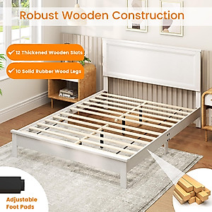 KOMFOTT Full Size Wood Platform Bed Frame with Headboard, Wooden Mid Century Platform Bed with Slat Support & Under Bed Storage, Mattress Foundation Bed Base, No Box Spring Needed, White
