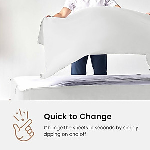 Zip On Fitted Sheet - Includes 2 Zip-On Sheets & 1 Fitted Sheet Base - Upto 16” Inch Deep Pockets Full Size Zipper Fitted Sheets - Soft Cotton 600 TC Fitted Sheet - White