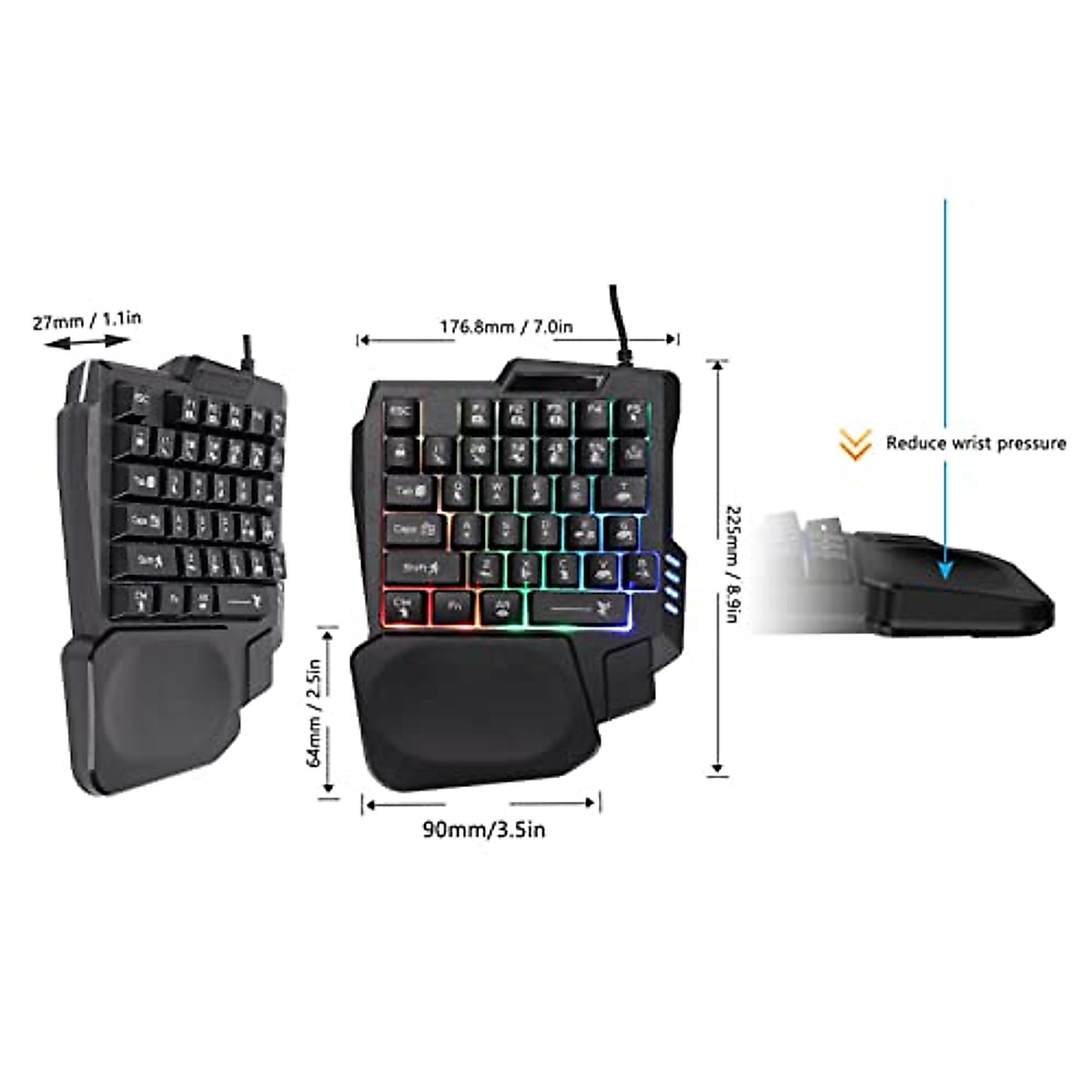 Tgoon 35 Keys Gaming Keyboard, 35 Keys One Handed Gaming Keyboard Black Wide Palm Rest Waterproof Ergonomic Design for Mobile Games for Computer