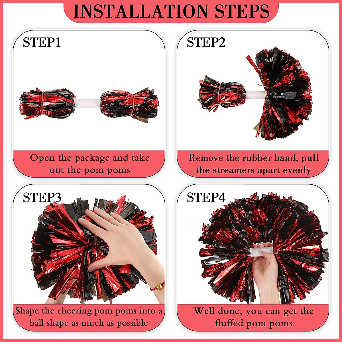 Hanaive 6 Pcs 13 Inch Cheerleading Pom Poms and Large Bows for Girl Cheer Poms Metallic Poms with Handle for Softball Dance(Red and Black)