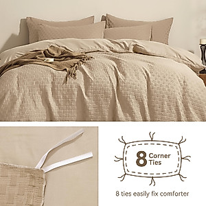 JELLYMONI Khaki Duvet Cover Queen Size - 3 Pieces Soft and Breathable Microfiber Knitted Jacquard Waffle Weave Striped Comforter Cover with 8 Corner Ties & Zipper Closure