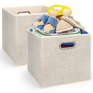 BiSiViO 13 Inch Fabric Cube Organizer, Foldable Cube Storage Bins Basket, Closet Organizers Box, Home Organizers with Handle for Shelves, Closet, Kallax, Office, 2 Packs (Beige)