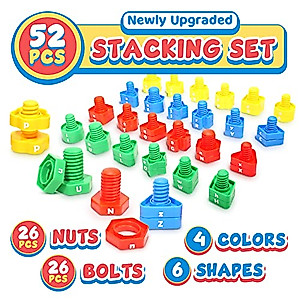 Letters Learning Matching Game | Fine Motor Skills Toy Set for Toddlers | 26 Alphabet Learning Toys with 52 pcs Nuts and Bolts Sorting & Stacking Toys, ABC learning Educational Montessori Toy for Kids