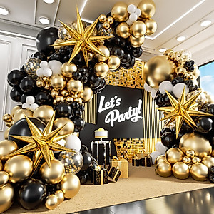 Black and Gold Balloons Garland Arch Kit, Black and Gold Party Decorations with Black White Balloons Gold Confetti Latex Balloons for 2024 Graduation Decorations Anniversary Birthday Party Decorations