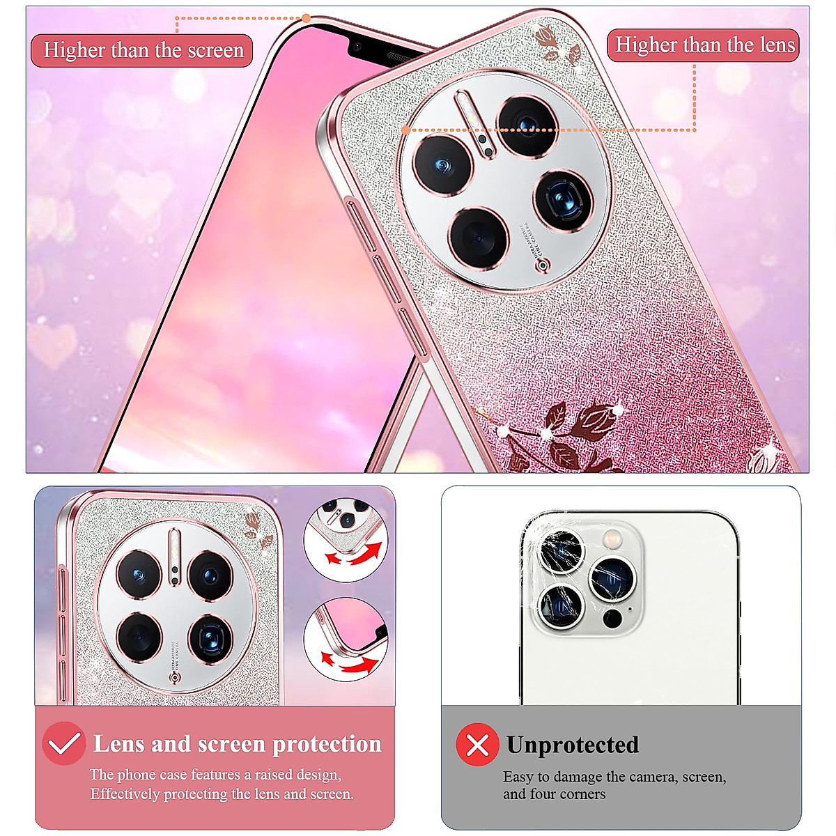 Yarxiawin for Huawei Mate 50 Pro Case Clear Glitter Sparkle Aesthetic Huawei Mate 50 Pro Phone Case Silicone Soft Flower Transparent Shockproof Cover Purple Slim (Pink)