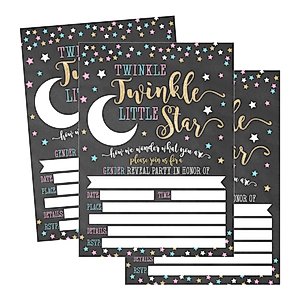 25 Twinkle Little Star Gender Reveal Baby Shower Party Invitation Cards Gold and Black He or She For Gender Neutral Unisex Invites Guess If It's a Boy or Girl Sprinkle Fill In The Blank Printable Pack
