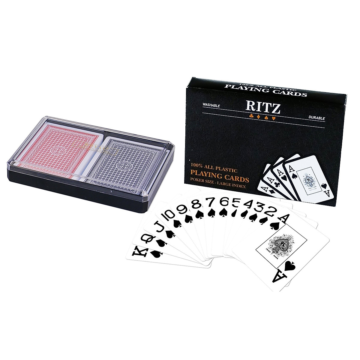 Ritz 2-Decks Poker Size 100% Plastic Playing Cards Set in Plastic Case, Large Index, Waterproof