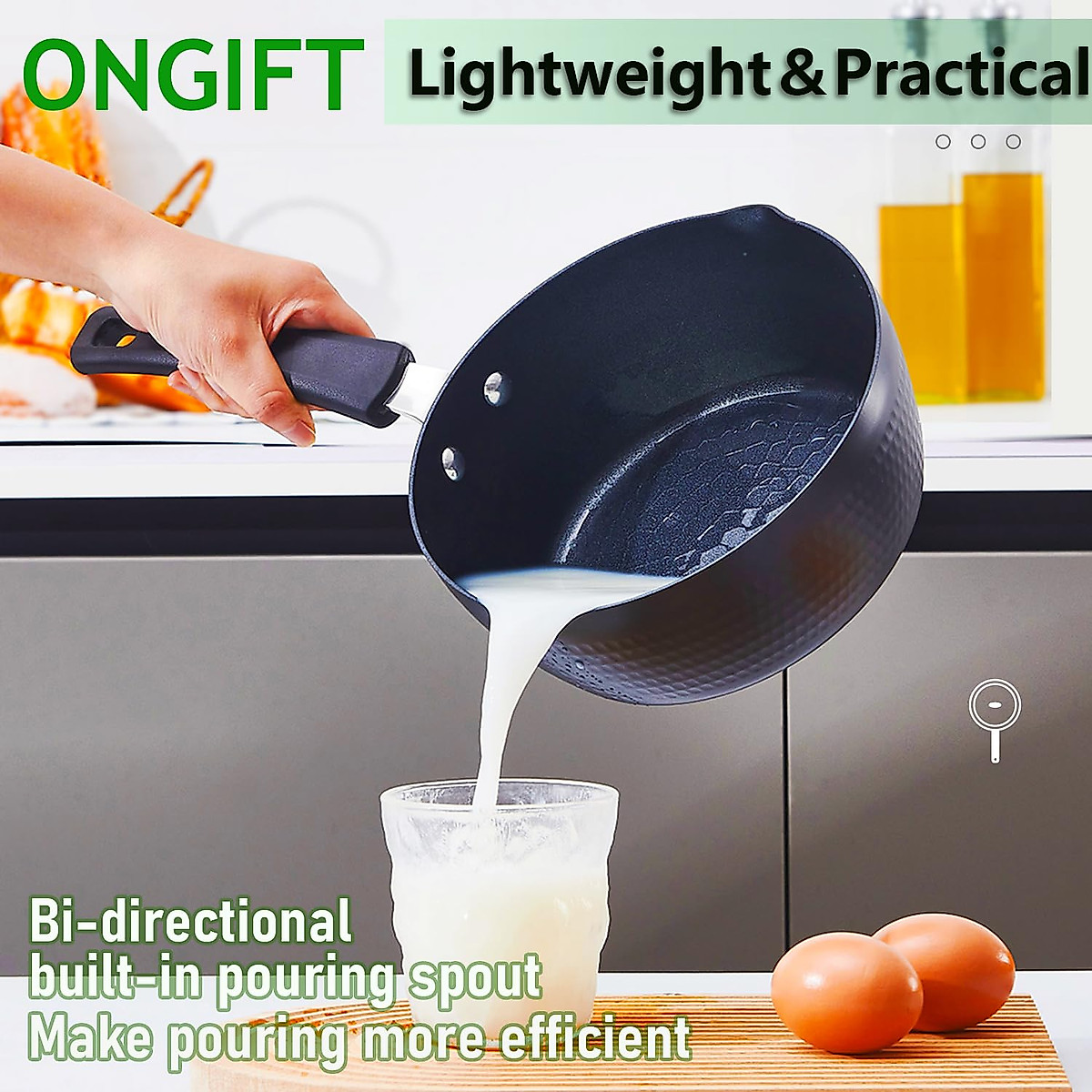 ONGIFT 1.3QT Nonstick Sauce Pan with Lid, Yukihira Sauce Pot with Pour Spouts, Multipurpose Handy Little Saucepan with Stay Cool Handle, Small Pots for Cooking, Soups, Noodles, Hot Milk, Black Pot