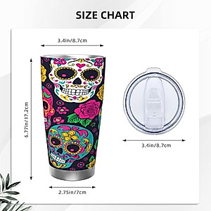 AYCZN Flower Mexico Skull 20 OZ Tumbler Stainless Steel Travel Coffee Mug, Floral Skeleton Insulated Water Bottle with Lid and Straws Leakproof Thermal Cup