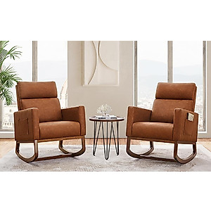 Topeakmart Nursery Rocking Chair, PU Leather Modern Accent Chair with Wood Legs Side Pocket Armchair Glider Rocker for Nursery Living Room Bedroom Lounge, Brown