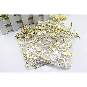 QIANHAILIZZ 100 pcs 3.5 x 4.7 Inch Flower Heart Organza Jewelry Gift Pouch Candy Pouch Drawstring Wedding Favor Bags (A white with gold heart)