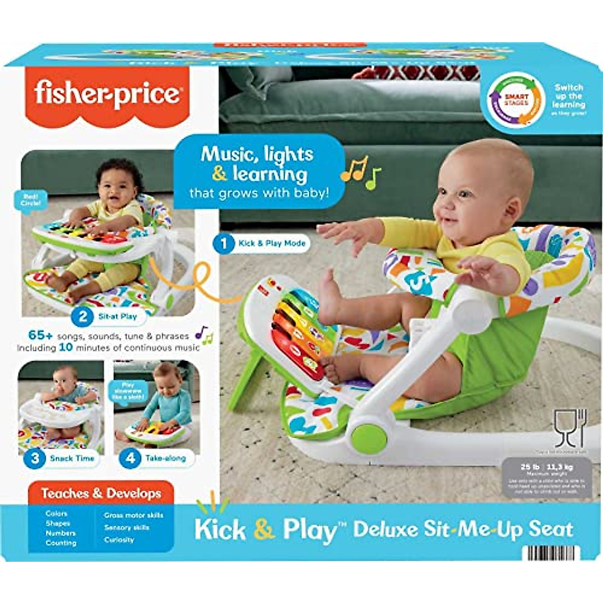 Fisher-Price Portable Baby Chair, Deluxe Sit-Me-Up Seat with Kick & Play Piano Learning-Toy and Snack Tray for Babies and Toddlers