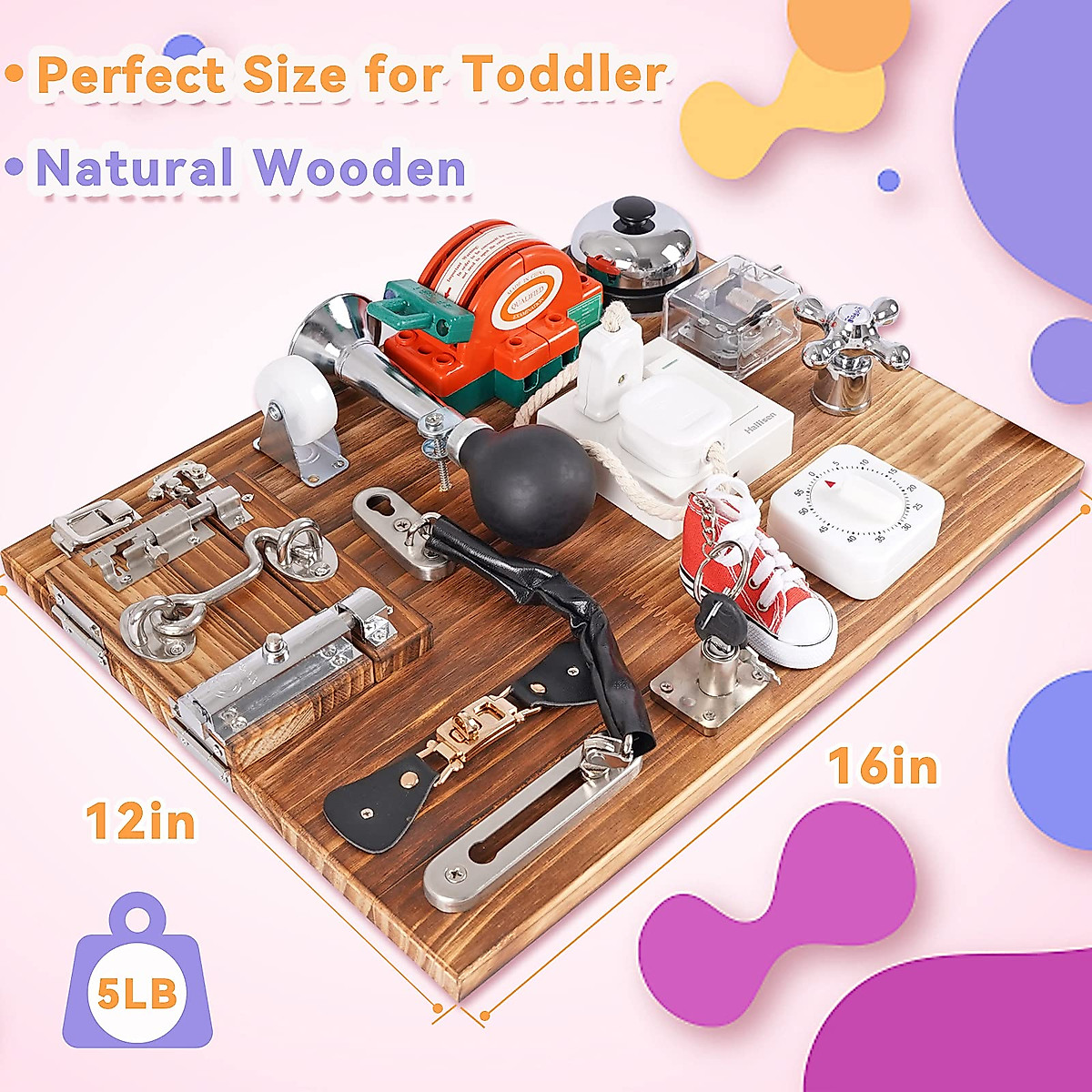 Busy Board for Toddlers Wooden Montessori Toys,Travel Toy Sensory Board Activity Board for Fine Motor Skills, Educational Learning Toy for 3 Year Old Boys & Girls with Locks,Latches,Keys, Music Board