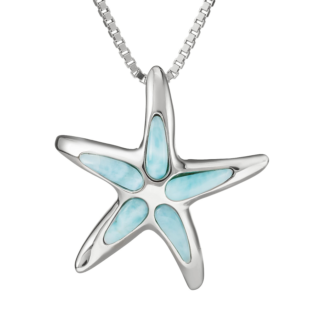Aloha Jewelry Sterling Silver Natural Larimar Starfish Necklace Pendant with 18inch Box Chain blue ALA0788101