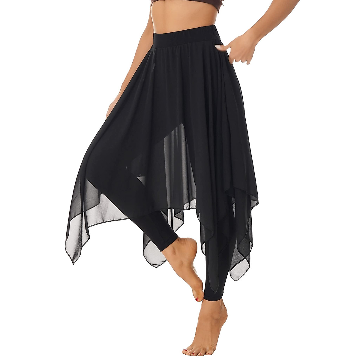 XUNZOO Skirted Leggings for Women Flowy Asymmetric Sheer Chiffon Skirts Ballet Yoga Latin Dance Pantskirt Black 3X-Large