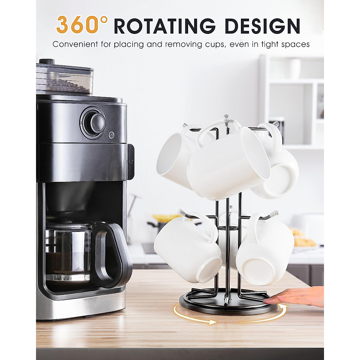 Bulado Mug Tree for Large Mugs, 360° Rotated Coffee Mug Holder, Metal Mug Tree for Counter Large Mugs 6, Coffee Cup Holder for Countertop for Easy Grab and Drop, Mug Stand for Coffee Bar Kitchen